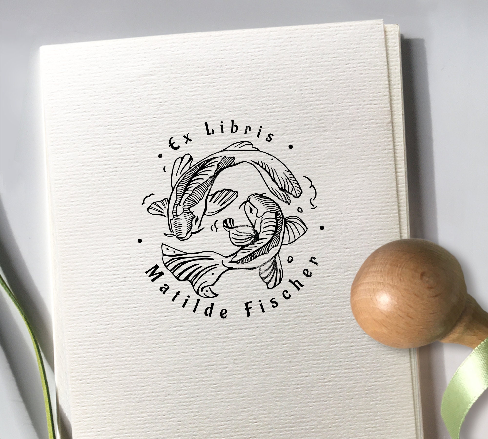 Japanese Koi Fish Ex Libris Stamp: Personalized Bookplate, Wooden ...