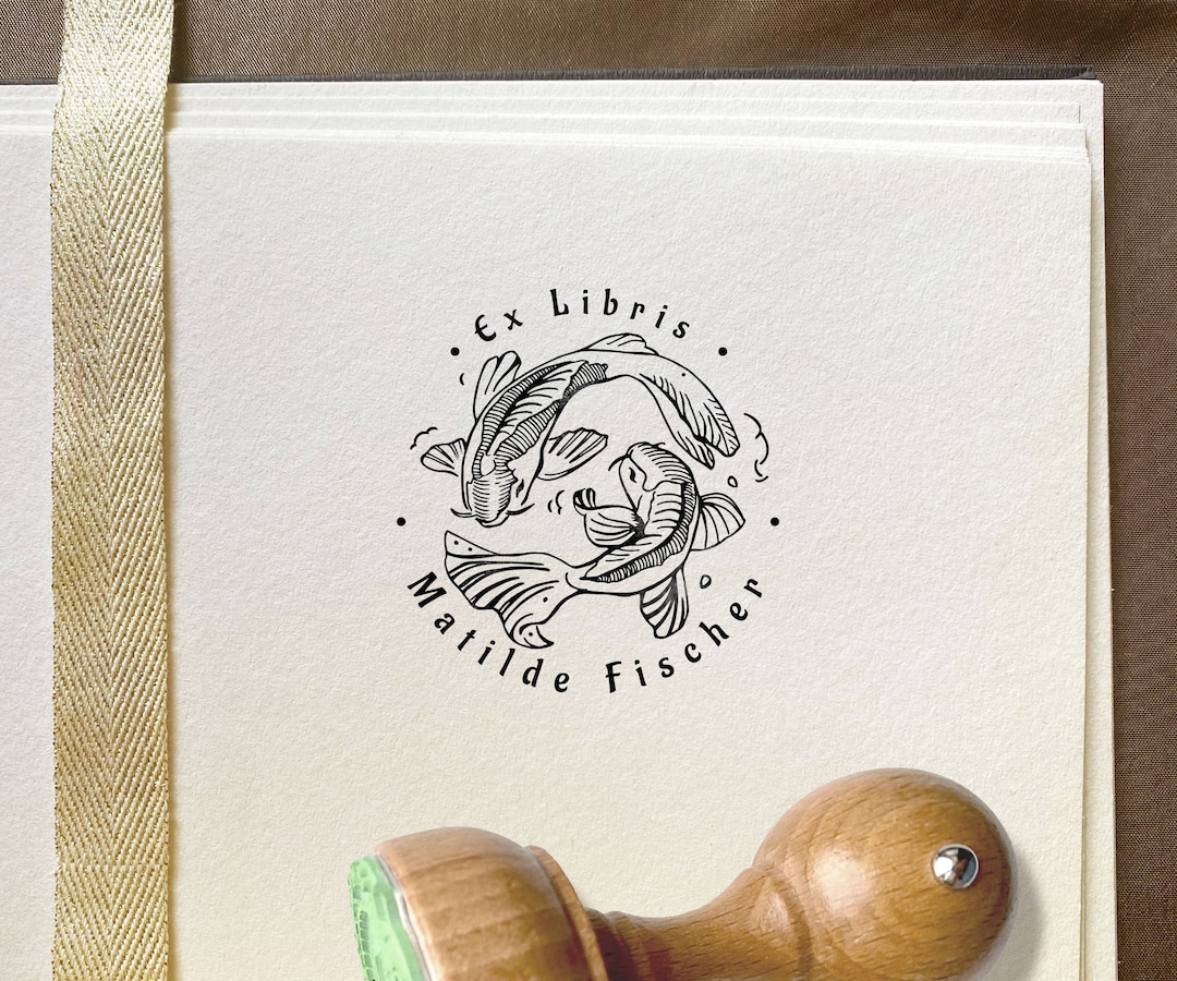 Japanese Koi Fish Ex Libris Stamp: Personalized Bookplate, Wooden ...