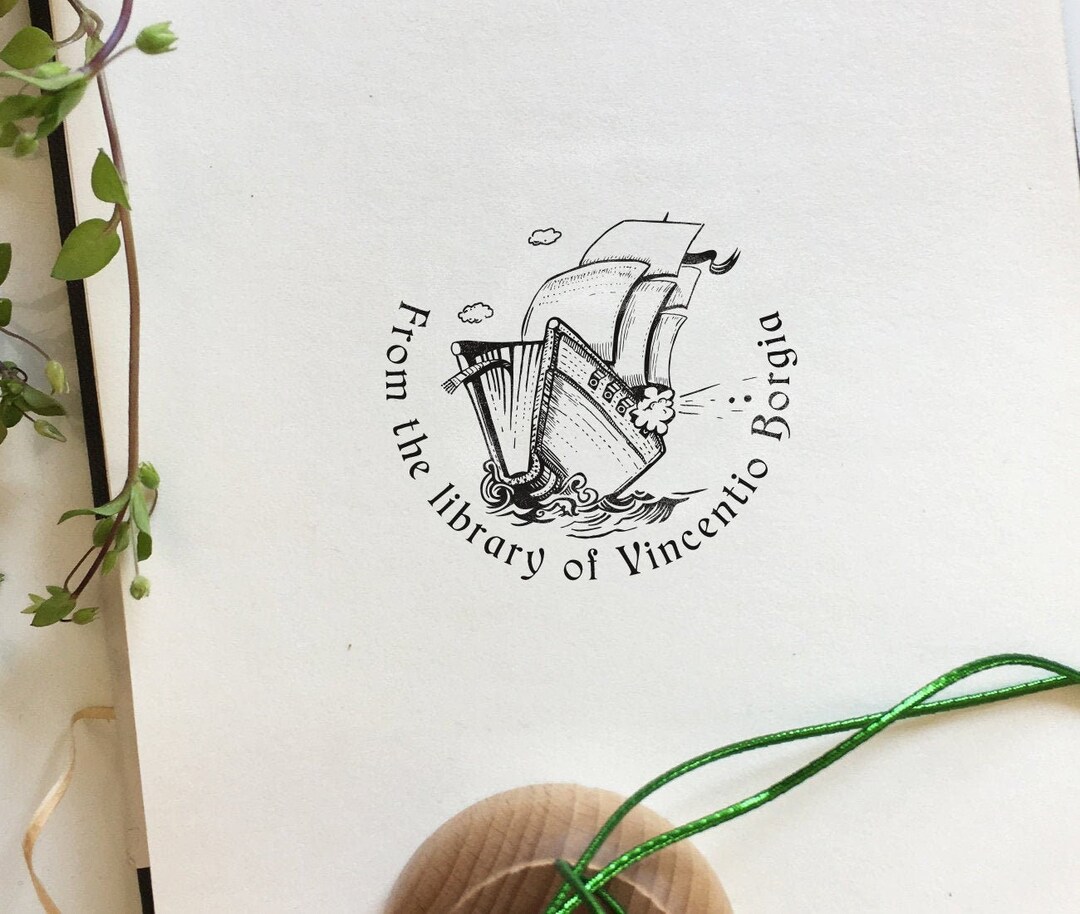 SHIP BOOK Personalized Ex Libris Wooden Stamp. Hand Drawing Ex Libris ...
