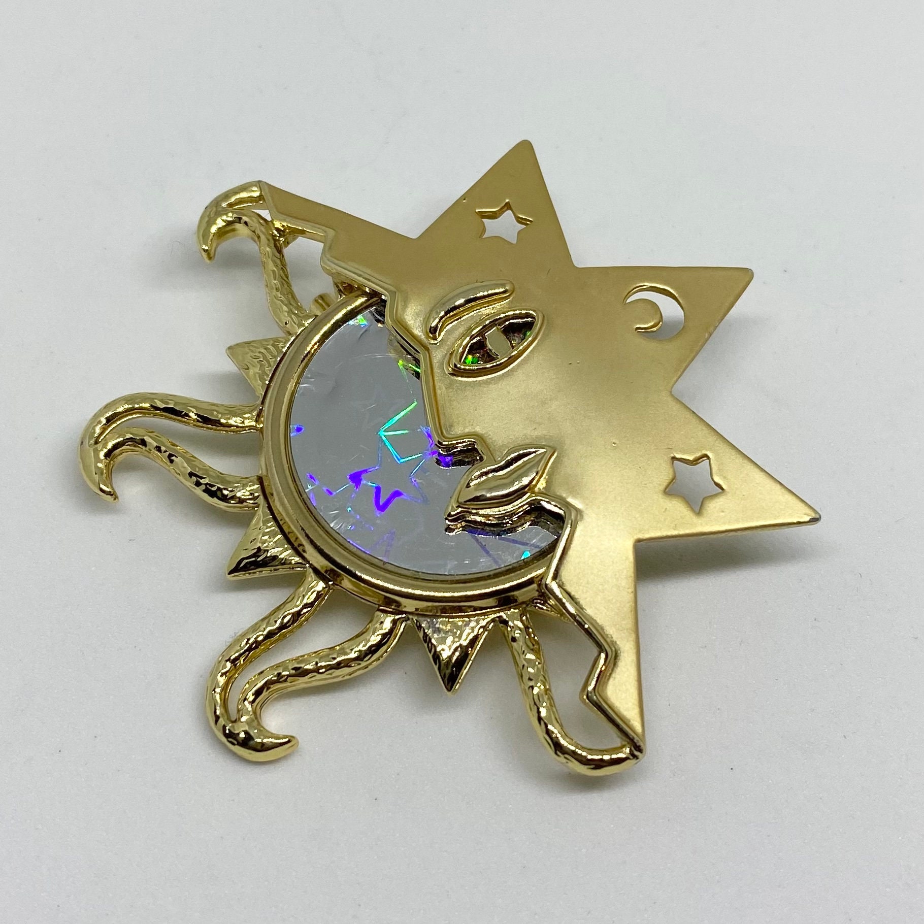 Vintage Holographic Sun and Moon Brooch Pin With Stars Gold Tone ...