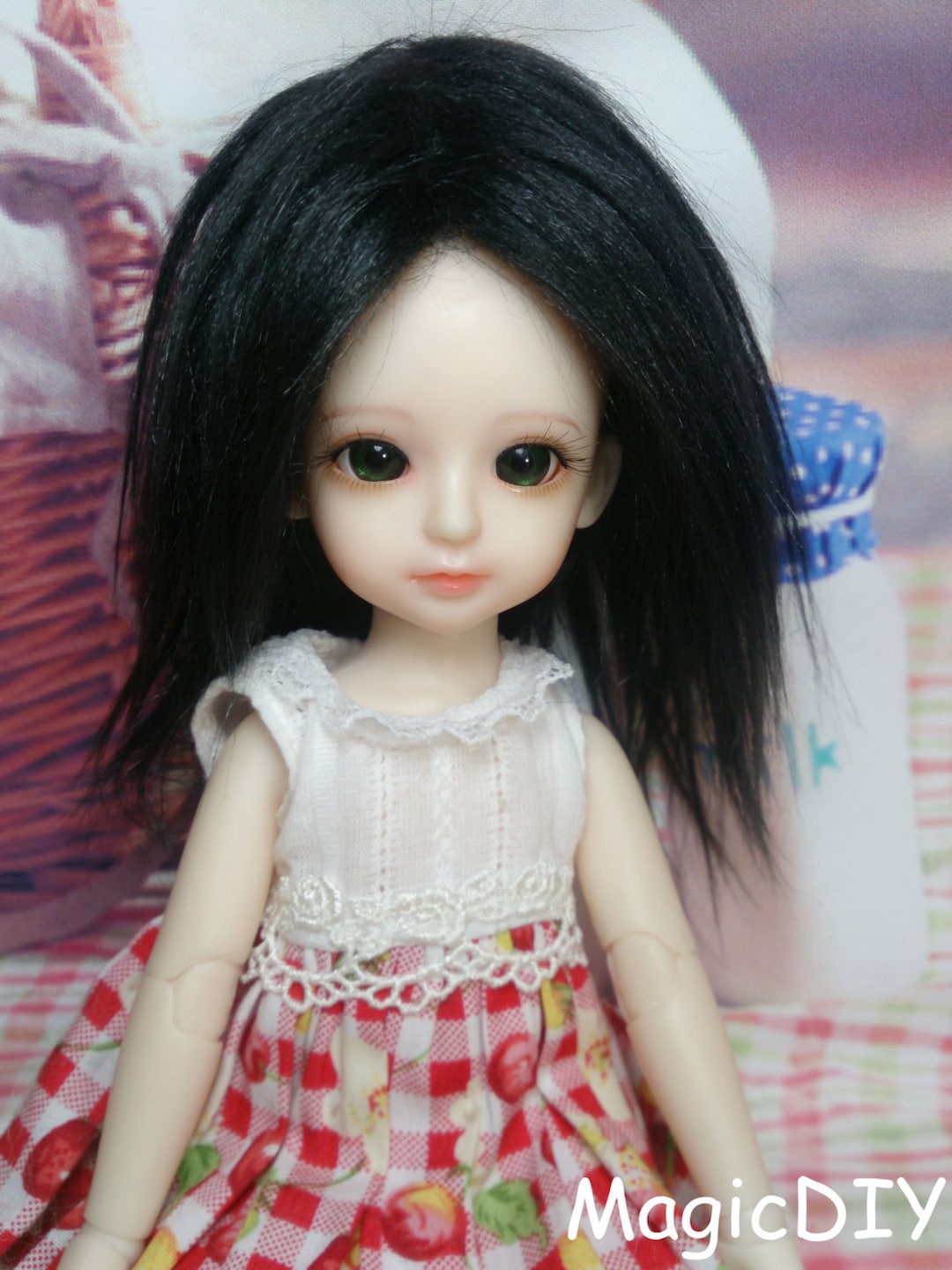 BJD Doll Fabric Fur Wig Black Wig Hair for 1/12 1/8 1/6 Bjd Dolls 3-4 ...