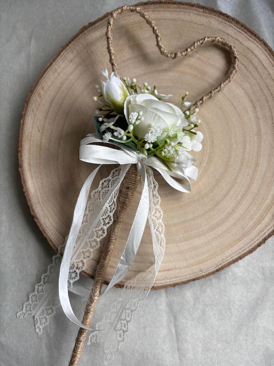 Rustic Flower Girl Wedding Wand: Ivory Rose, Lace & Twine Heart - Etsy UK
