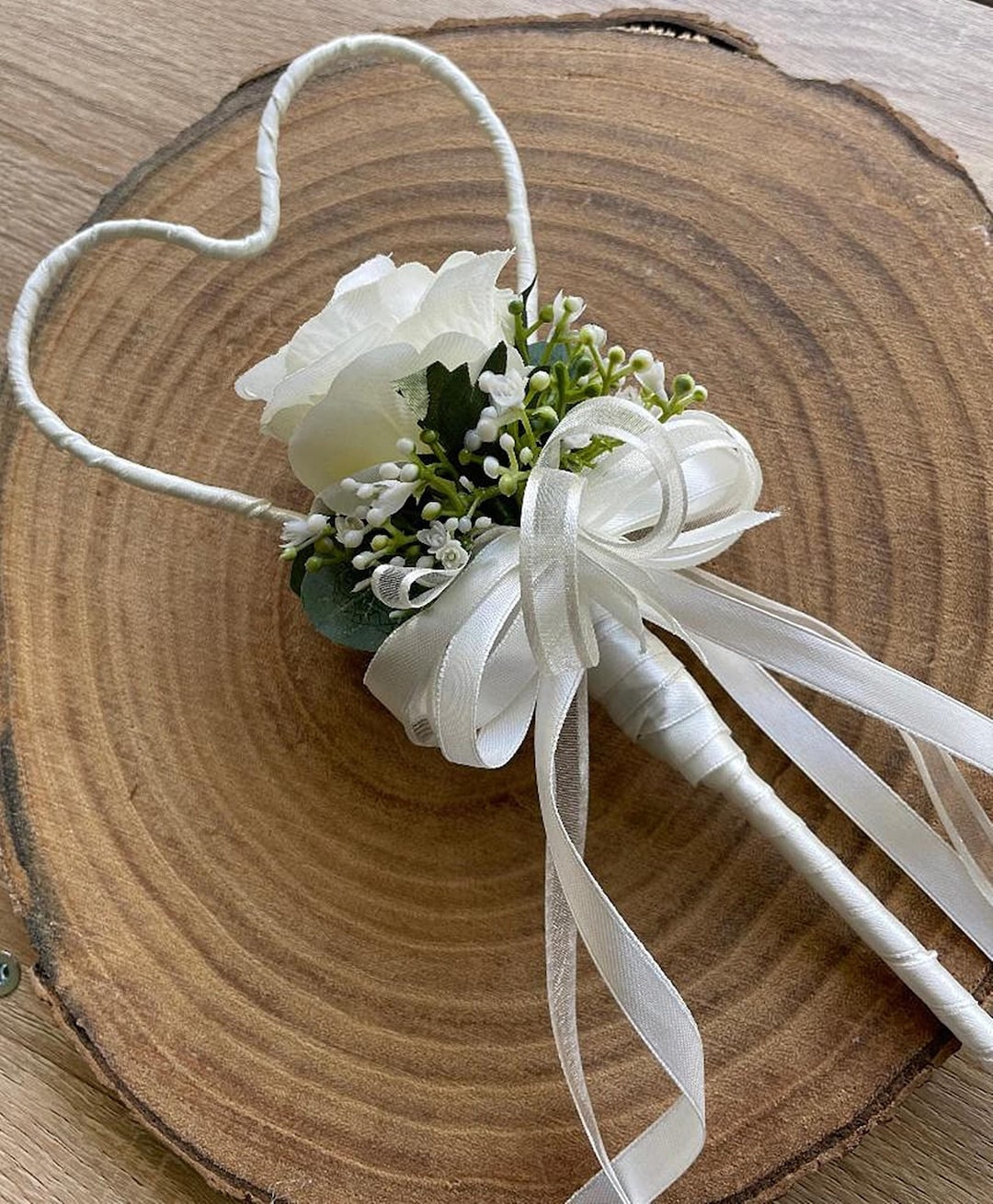 Flower Girl Wand, Ivory White Silk Rose Gypsophila Flower Girl HEART ...
