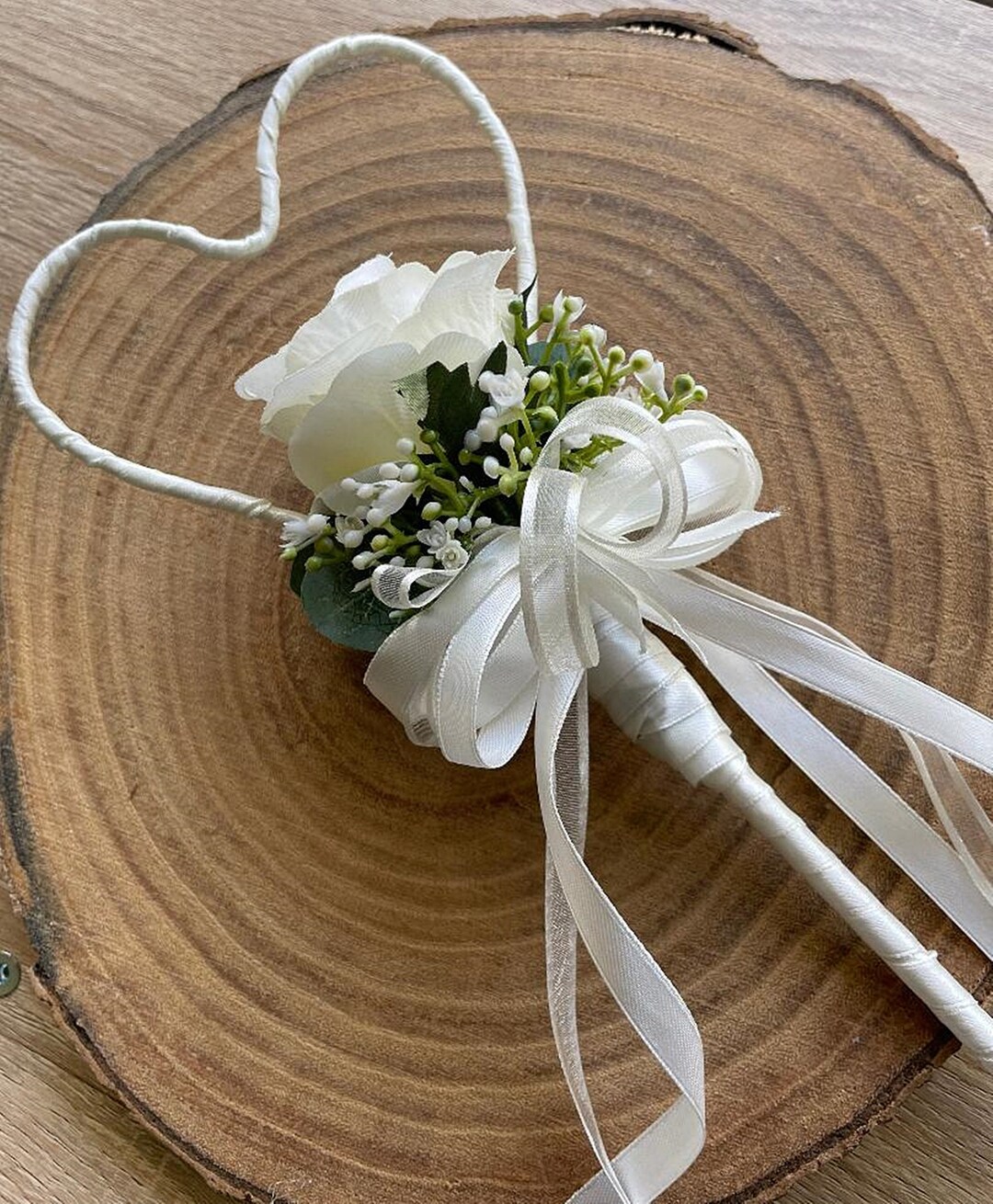 Ivory White Silk Rose Gypsophila Flower Girl HEART Wand, Ivory Satin ...