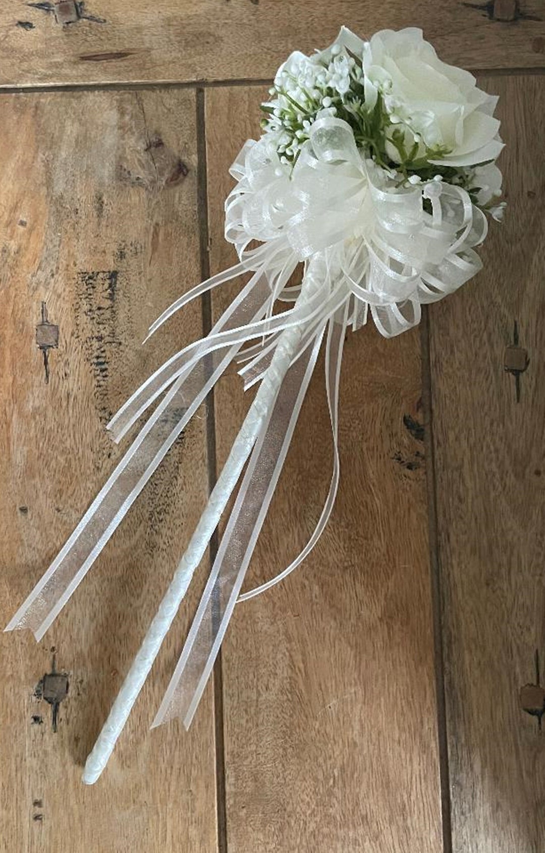Ivory White Triple Rose Flower Girl Wedding Wand, Roses and Gypsophila ...