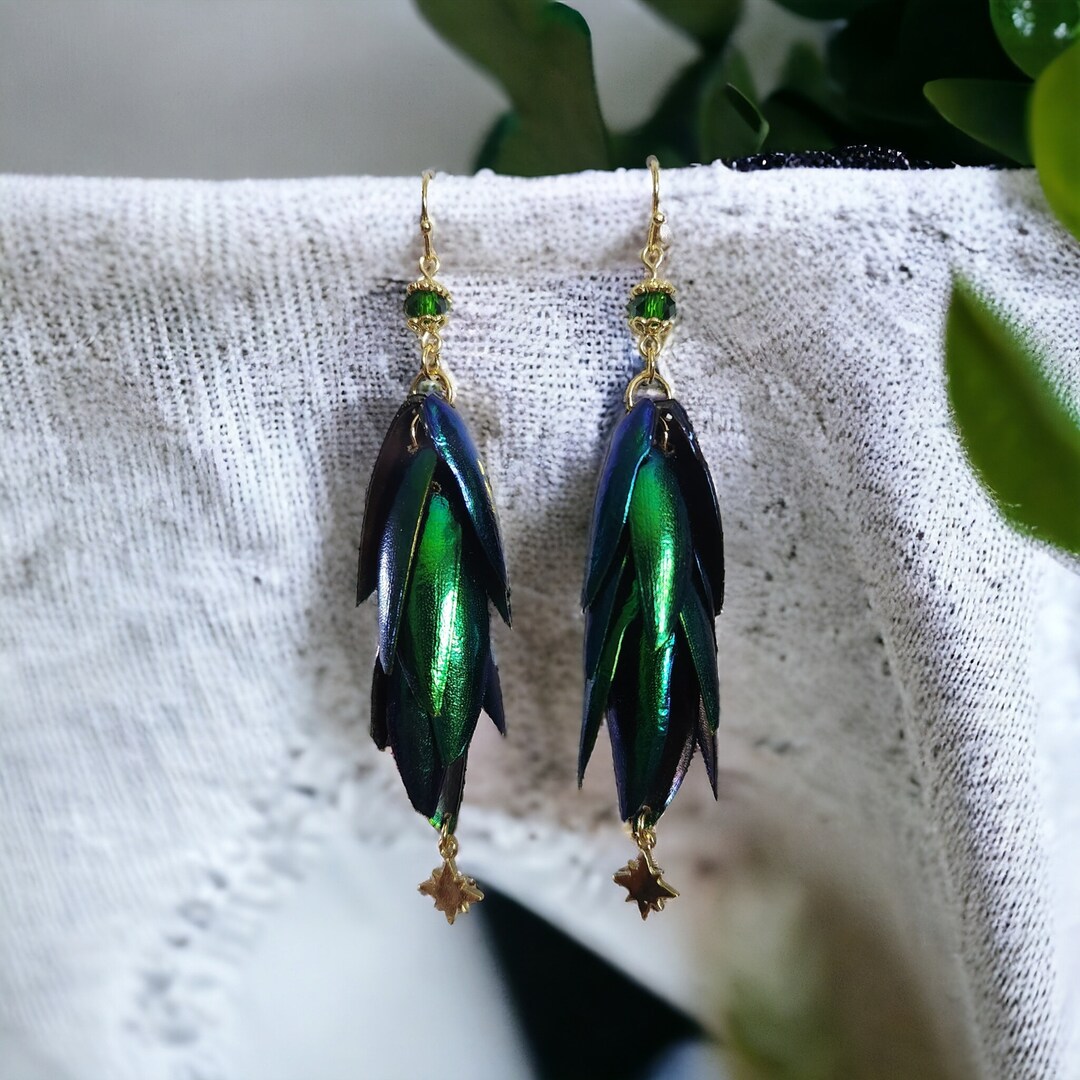 XL CROWN JEWEL Beetle Wing Elytra Oddity Earrings 18k Gold - Etsy