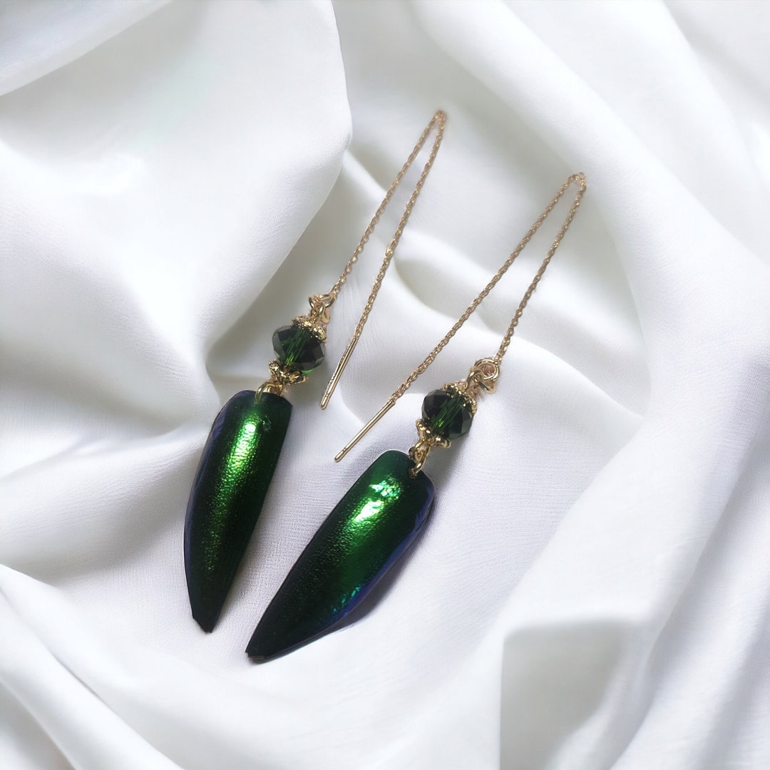 CROWN JEWEL Threader Beetle Wing Elytra Oddity Earrings 18k Gold - Etsy