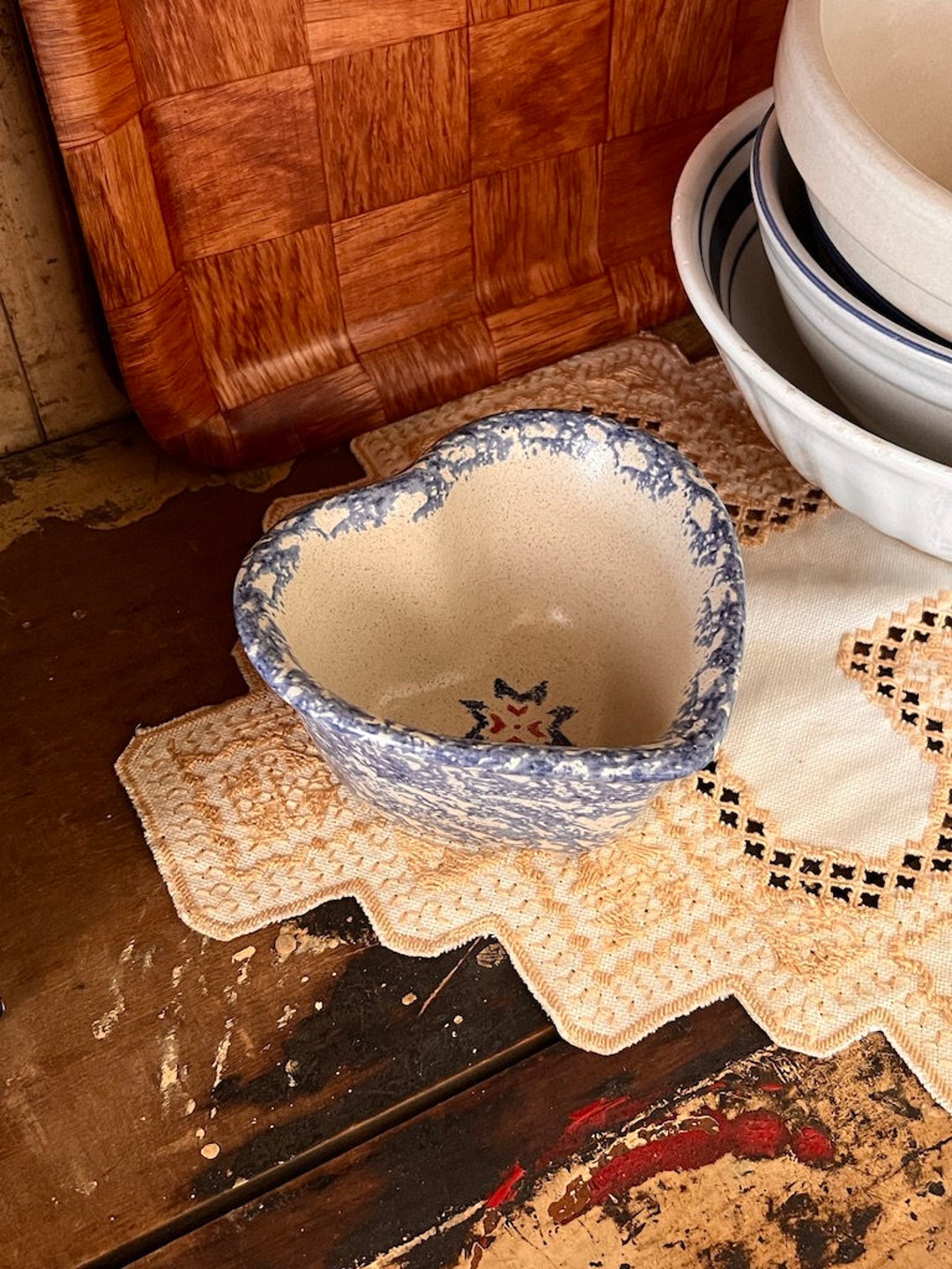 Ceramic Blue Spongeware Heart Shaped Bowl Ramekin Condiment Guacamole ...