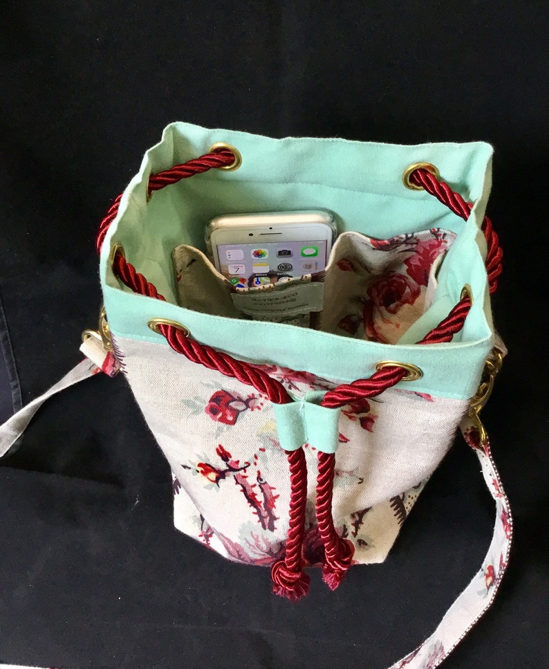 Small Drawstring Bucket Bag, Floral Linen Crossbody Purse, Handmade ...