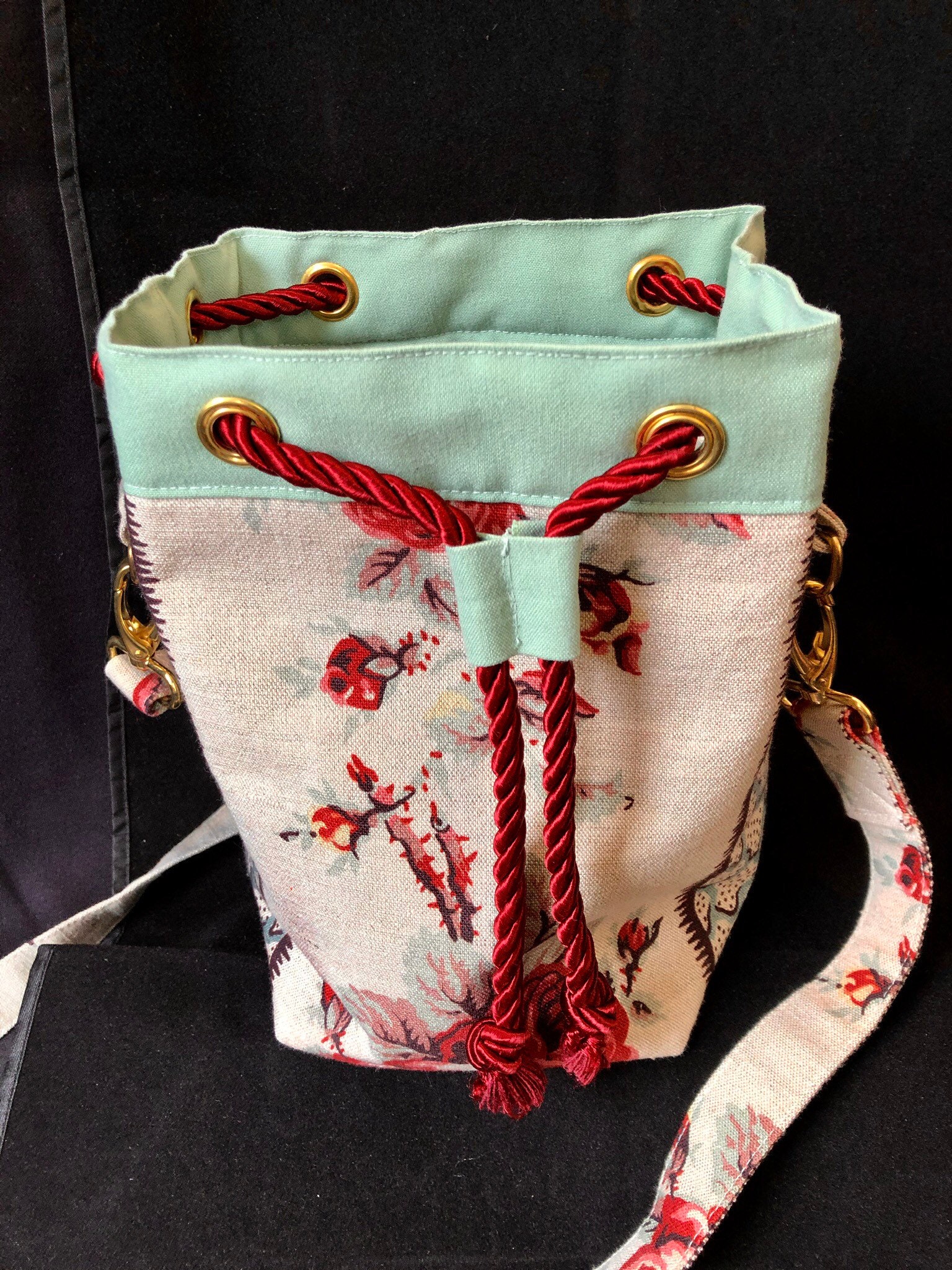 Small Drawstring Bucket Bag, Floral Linen Crossbody Purse, Handmade ...