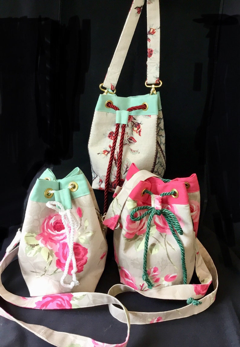 Small Drawstring Bucket Bag, Floral Linen Crossbody Purse, Handmade ...