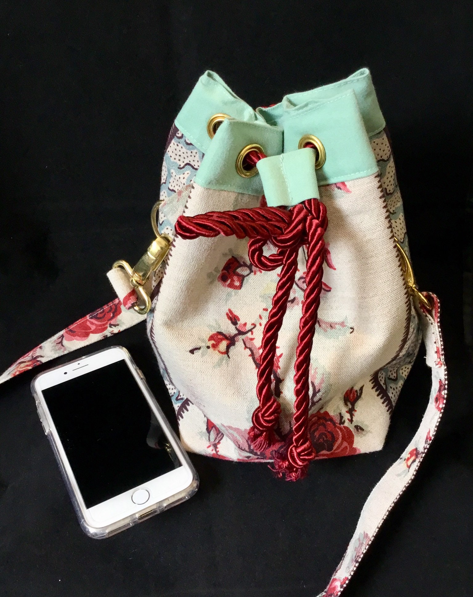 Small Drawstring Bucket Bag, Floral Linen Crossbody Purse, Handmade ...