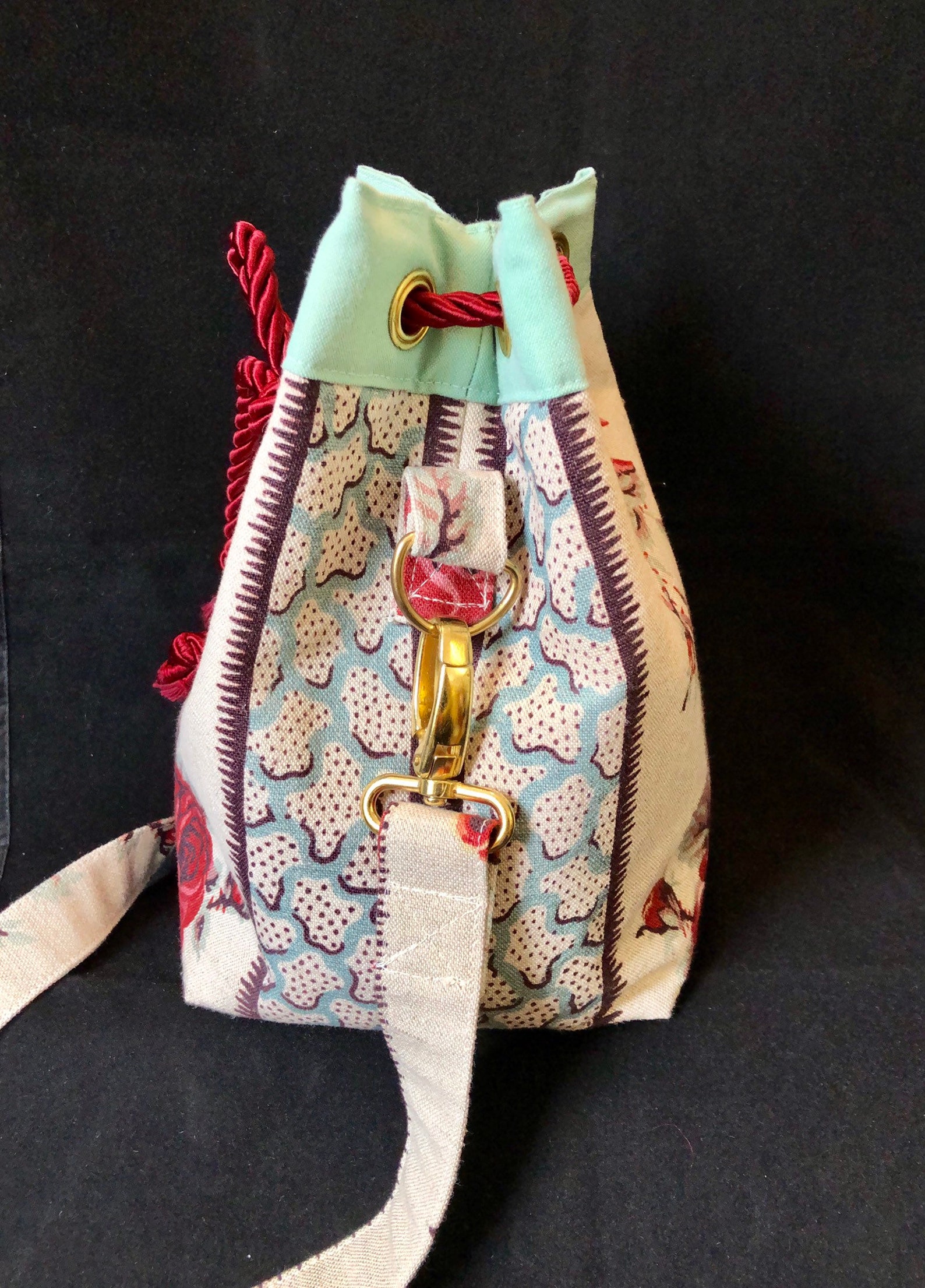 Small Drawstring Bucket Bag, Floral Linen Crossbody Purse, Handmade ...