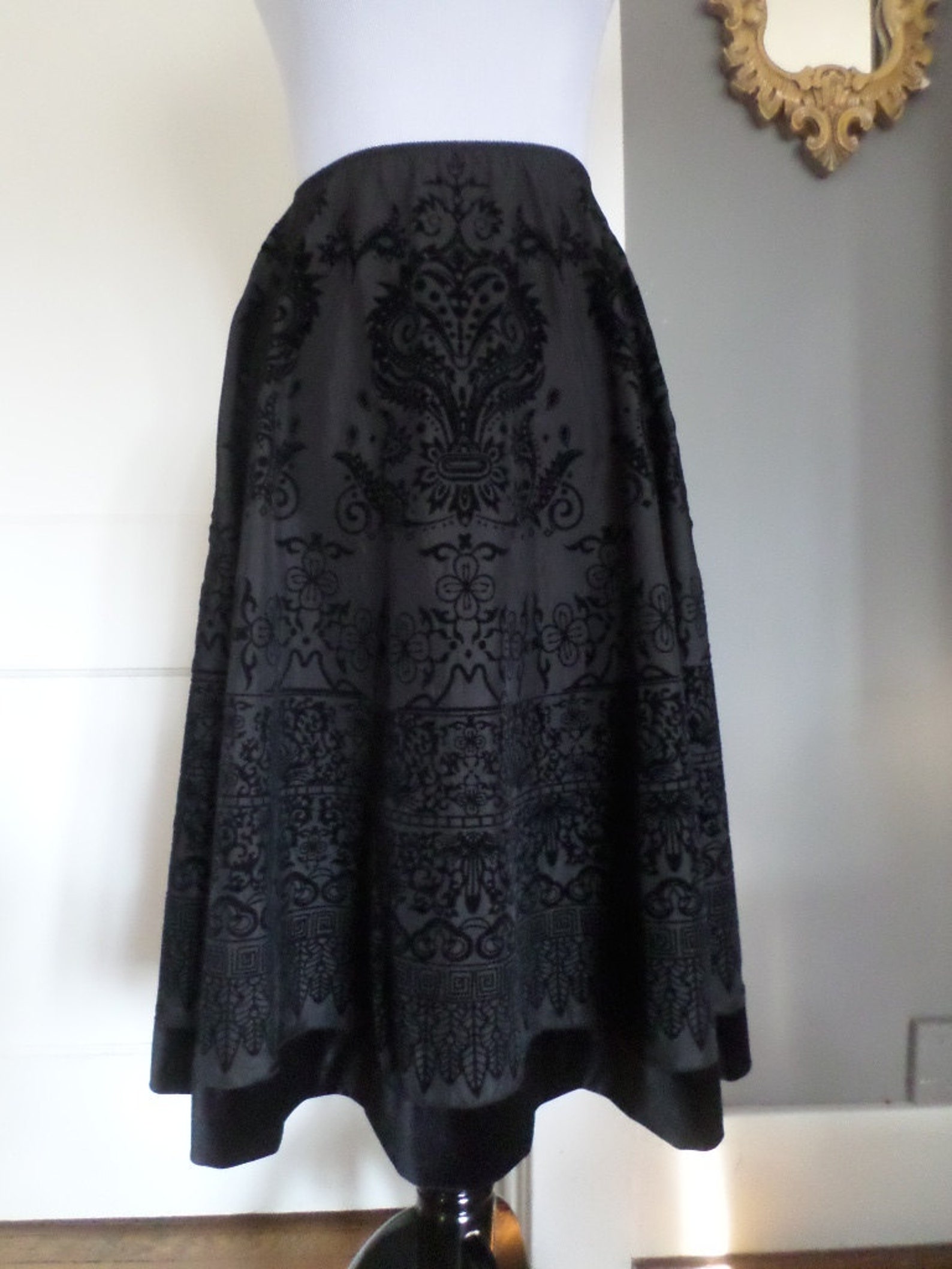 Full Black Velvet Flocked SKIRT, Floral, Geometric Patterns, Small - Etsy