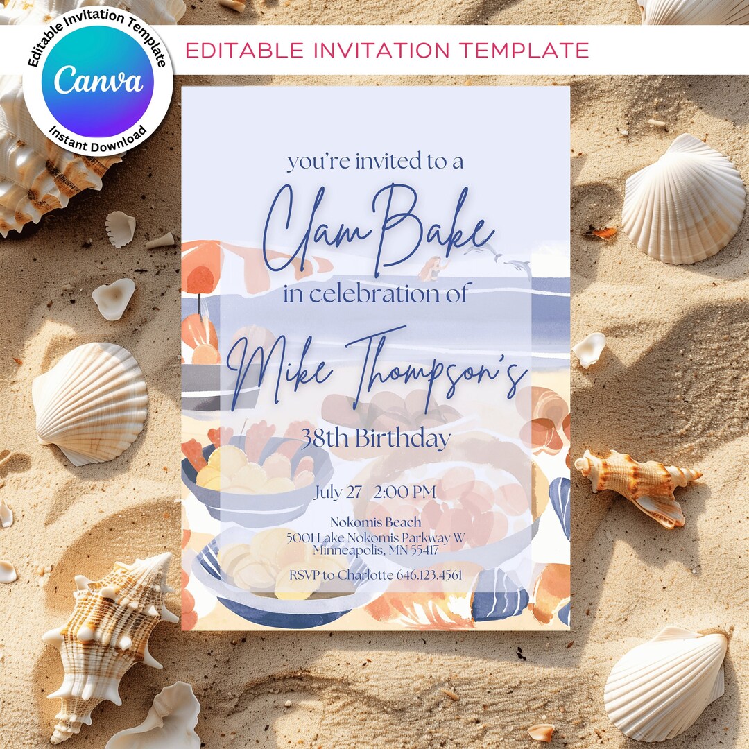 Coastal Beach Clambake: Elegant Birthday Party Invitation Template ...