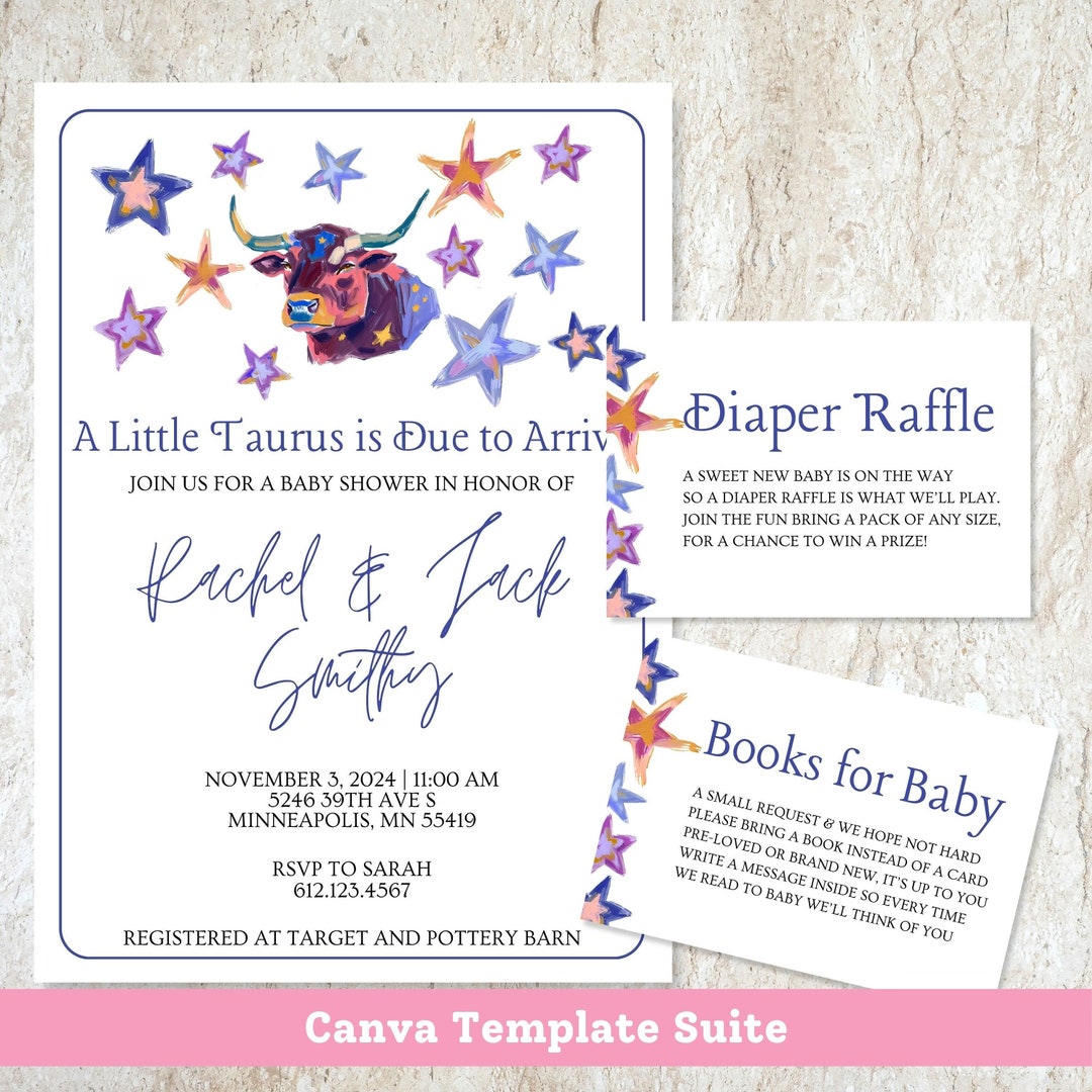 Taurus Astrology Star Sign Baby Shower Invitation Suite Diaper Raffle ...