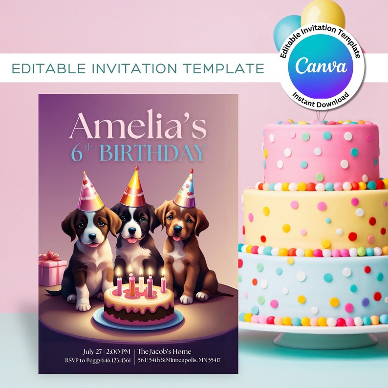 Puppy Birthday Party Invitation Editable for Kids Party, Dreamy Dog ...