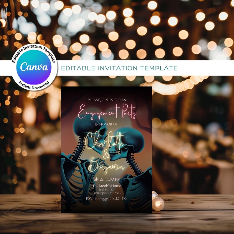 Gothic Engagement Party Invitation Template in Canva, Skeleton ...