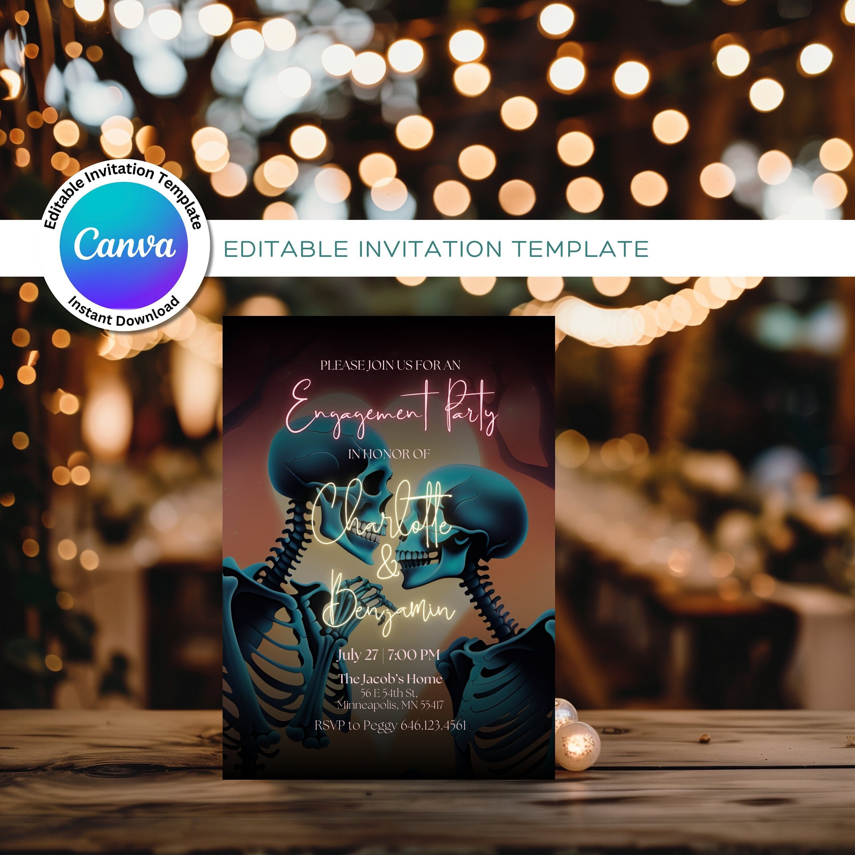 Gothic Engagement Party Invitation Template in Canva, Skeleton ...