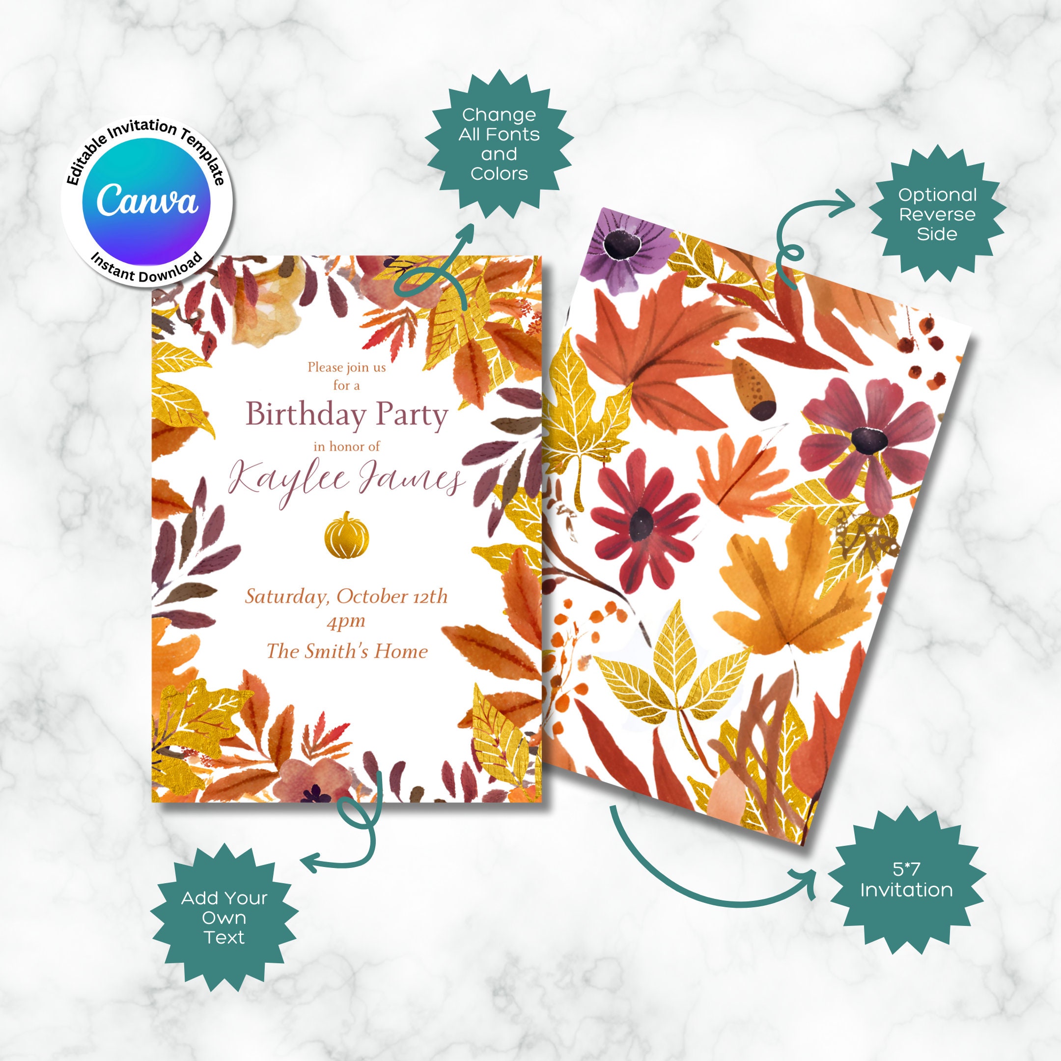 Golden Fall Birthday Party Invitation Template Editable Canva Download ...