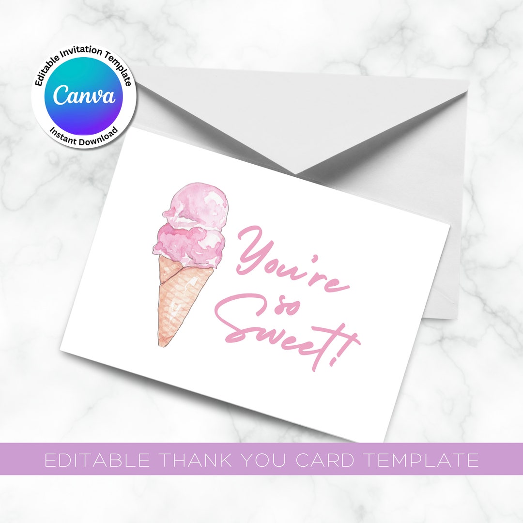 Editable Ice Cream Party Thank You Note Template Sweet Coquette Design ...