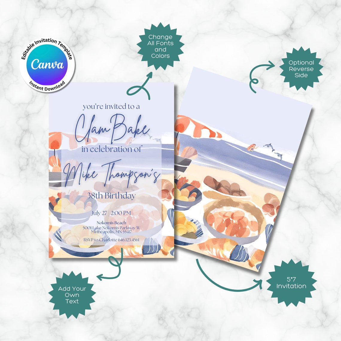 Coastal Beach Clambake: Elegant Birthday Party Invitation Template ...