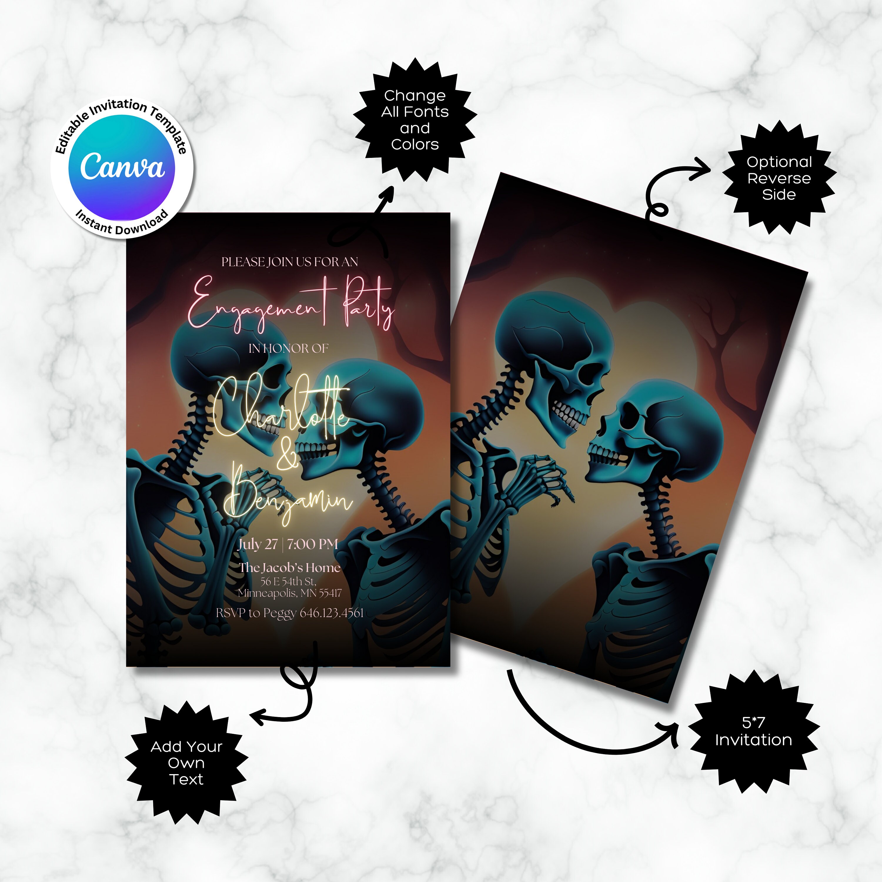 Gothic Engagement Party Invitation Template in Canva, Skeleton ...