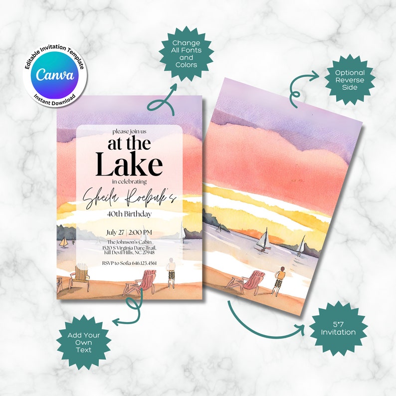 At the Lake Coastal Sunset Birthday Invitation Template, Lake Life Invitation, Lake Party ...