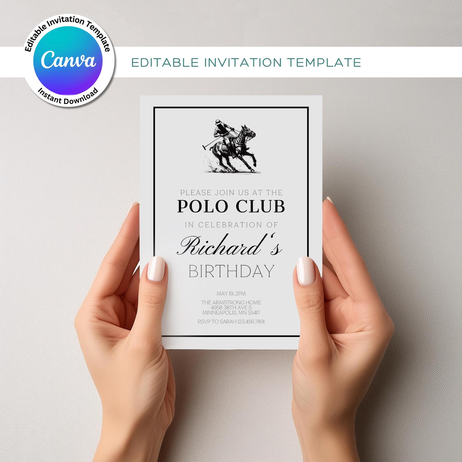 Elegant Polo Club Birthday Party Invitation Template, Classic Black and ...