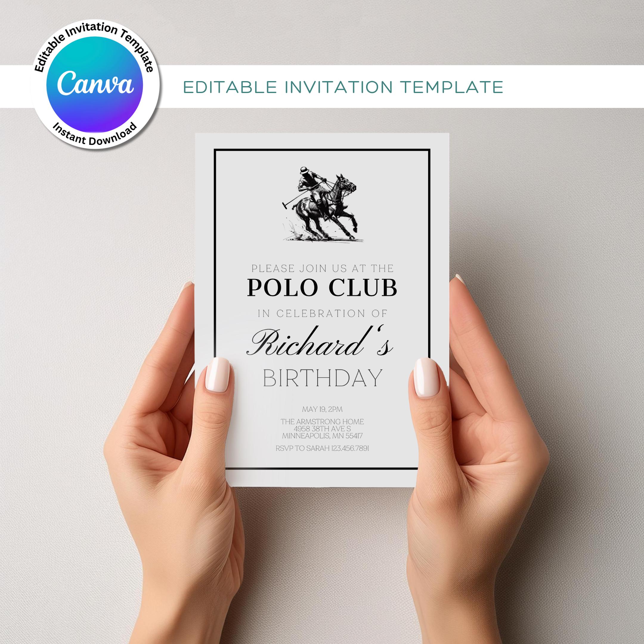 Elegant Polo Club Birthday Party Invitation Template, Classic Black and ...