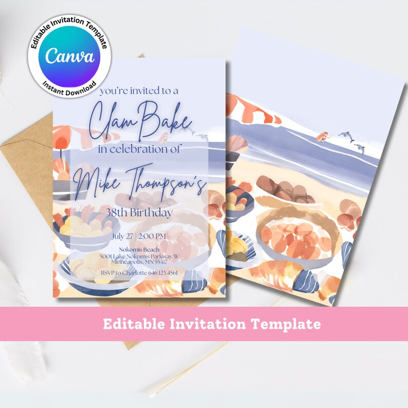 Coastal Beach Clambake: Elegant Birthday Party Invitation Template ...