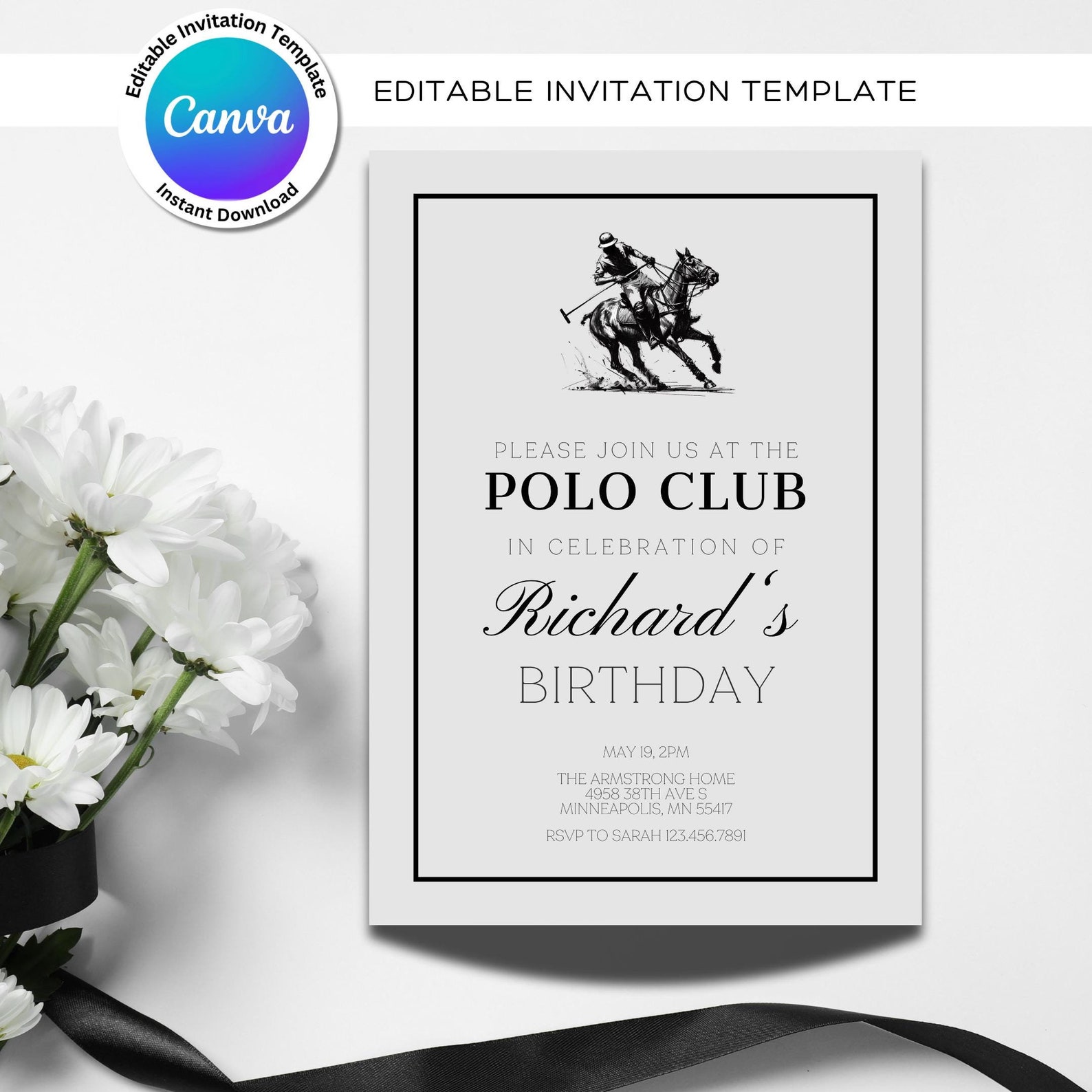 Elegant Polo Club Birthday Party Invitation Template, Classic Black and ...