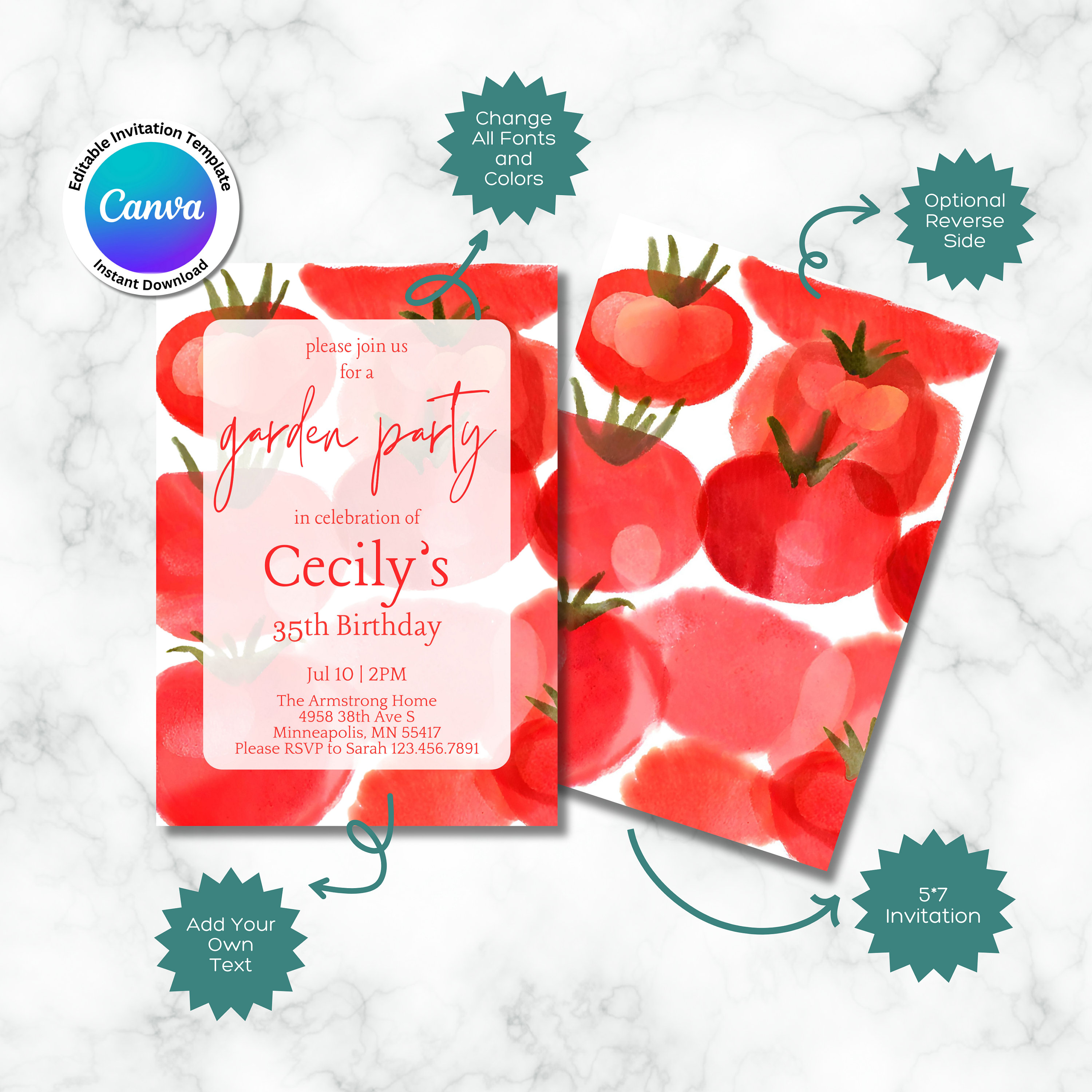 Watercolor Tomato Garden Party Invitation Template, Editable Digital ...