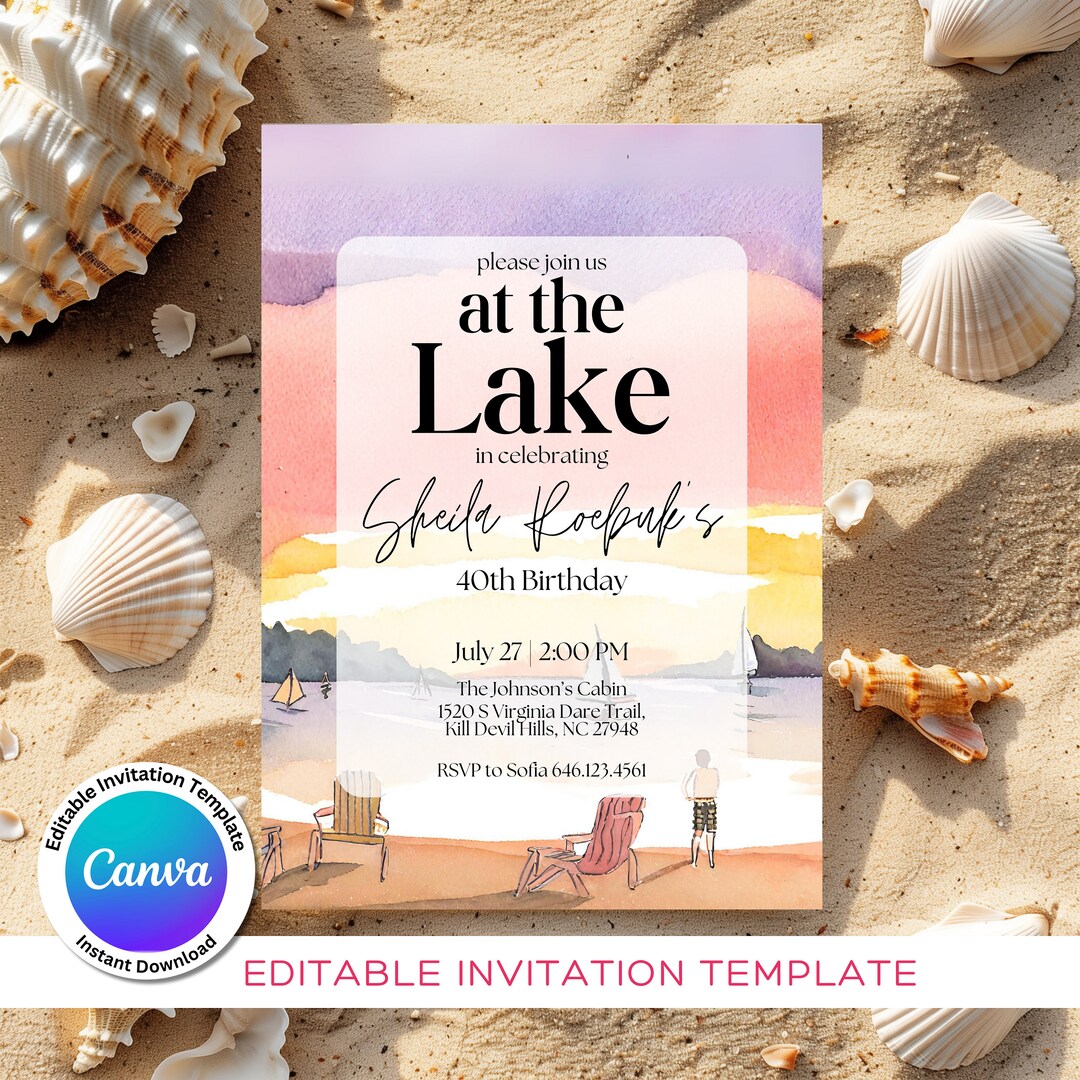 At the Lake Coastal Sunset Birthday Invitation Template, Lake Life ...