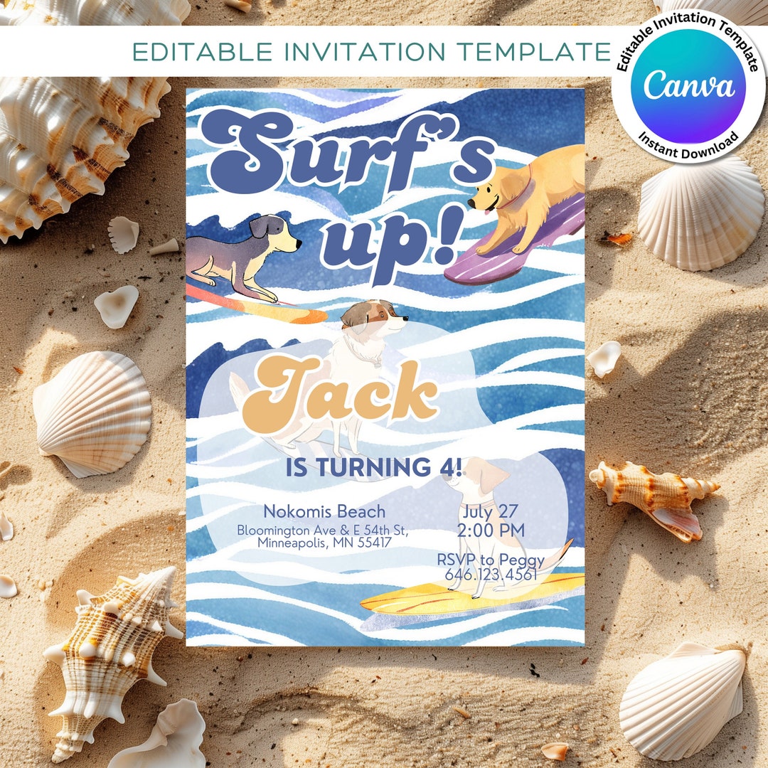 Surfs up Birthday Invitation Template, Dog Birthday Editable Invitation ...