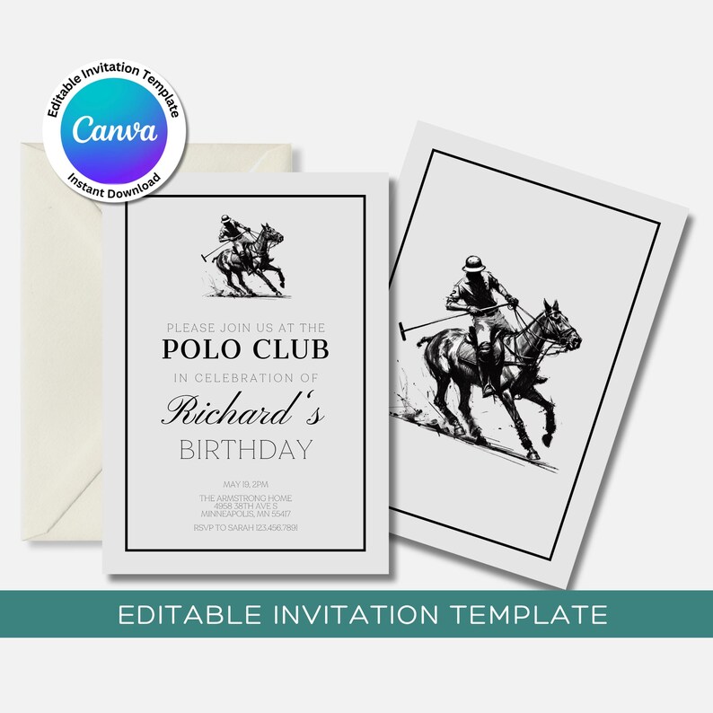 Elegant Polo Club Birthday Party Invitation Template, Classic Black and ...