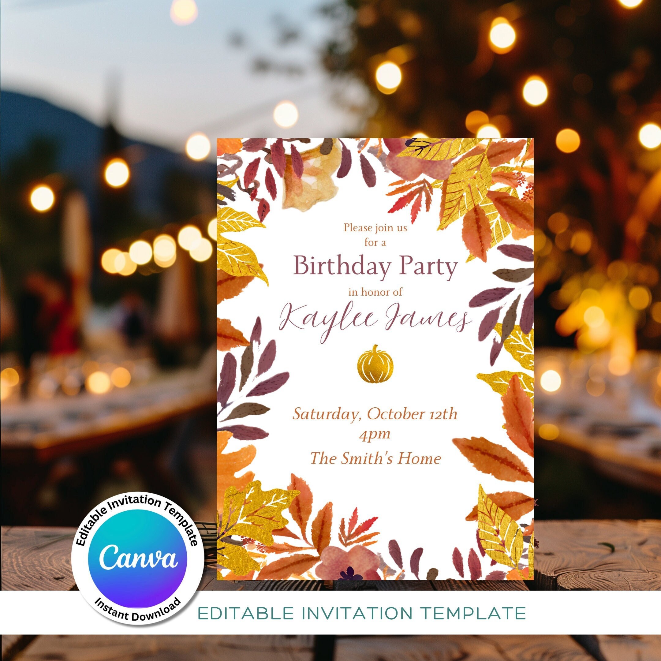 Golden Fall Birthday Party Invitation Template Editable Canva Download ...