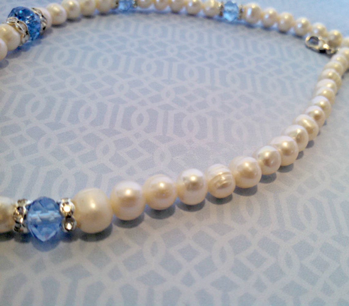 Vintage Necklace, Faux Pearl, Blue Glass Beads, Crystal Rondelles ...