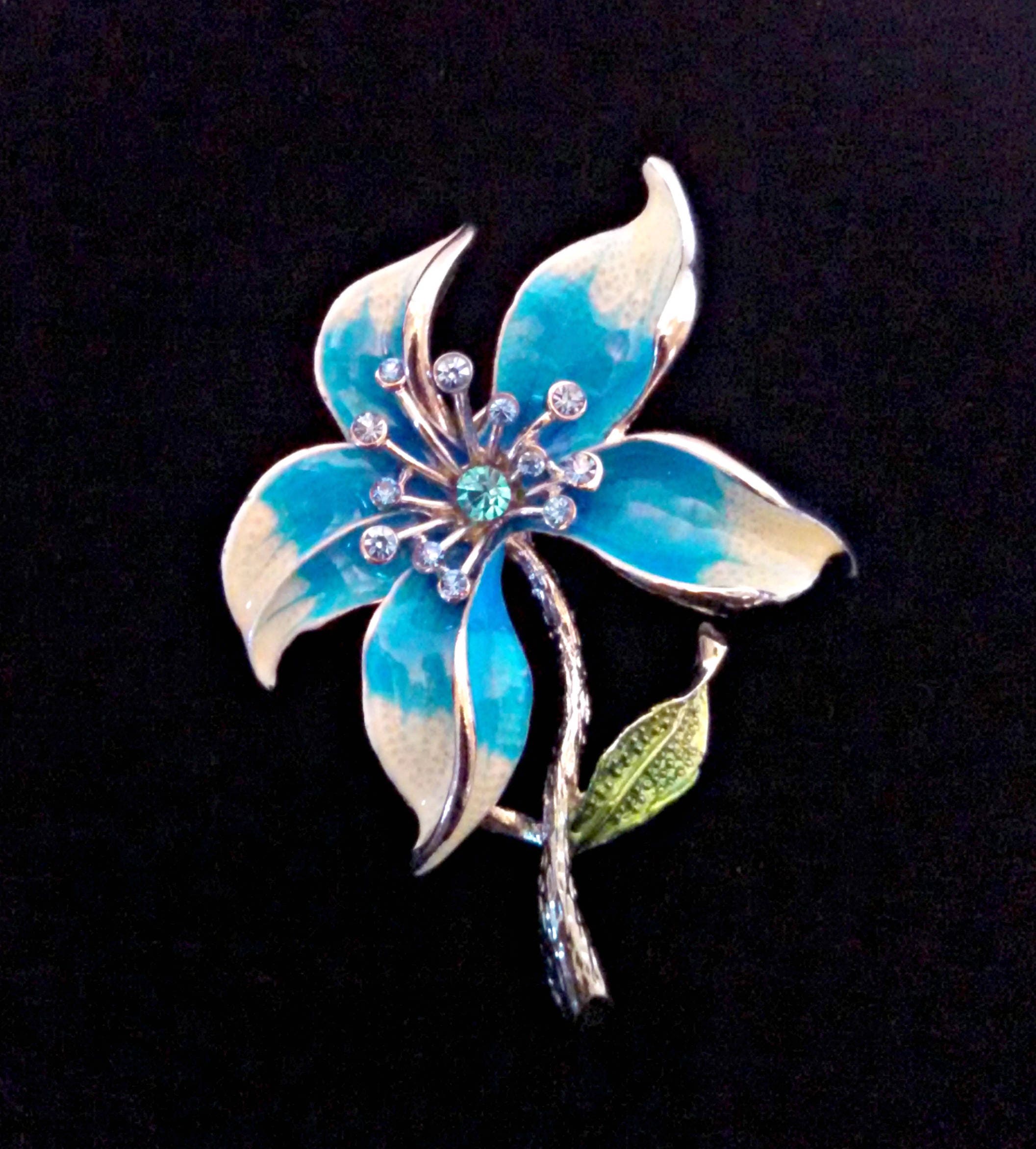 Vintage Flower Brooch, Blue and White Enamel Flower, Faux Aquamarine ...