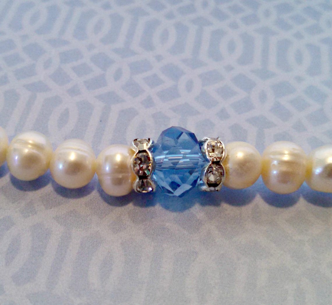 Vintage Necklace, Faux Pearl, Blue Glass Beads, Crystal Rondelles ...