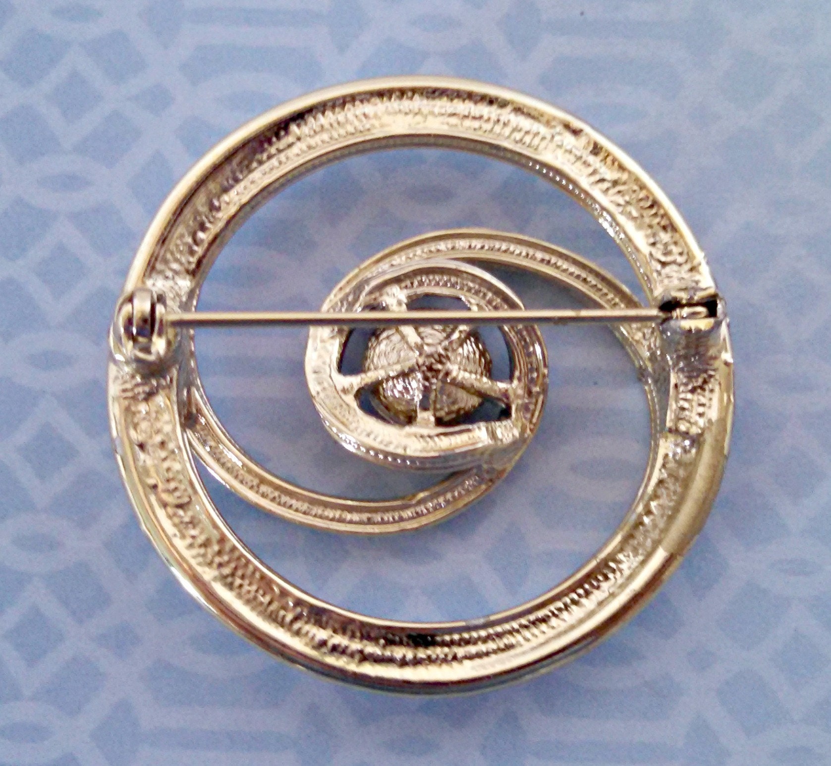 Vintage Brooch, Large Swirl Circle Pin, Gold Tone, Blue Sapphire ...