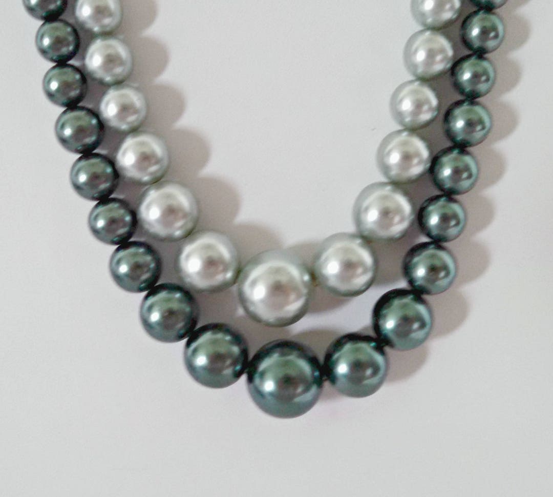 Vintage Necklace, Double Strand Faux Pearls, Two Tone Green Graduated ...