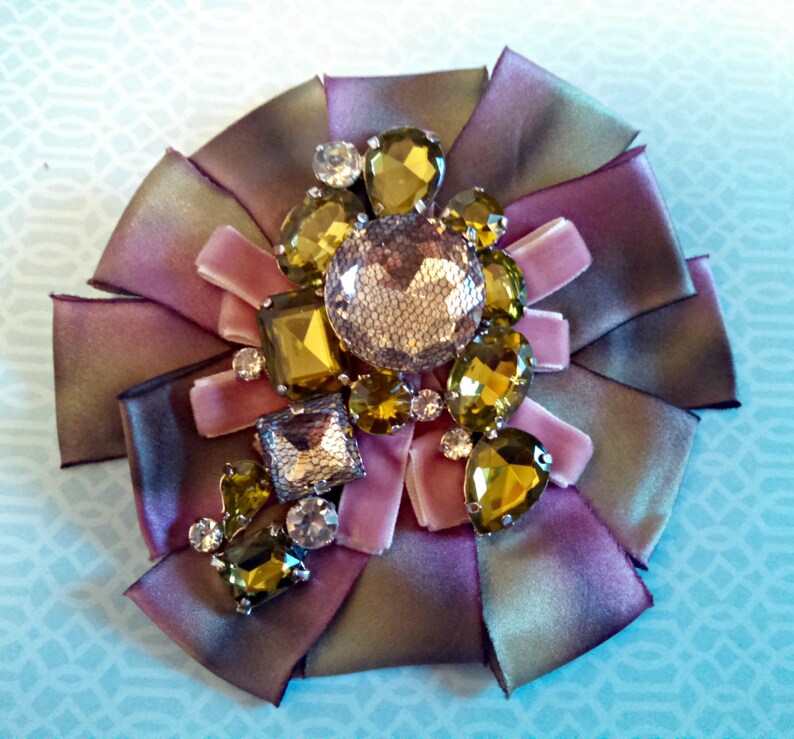 Vintage Statement Brooch, Handmade Ribbon & Rhinestone, Faux Peridot ...