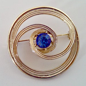 Vintage Brooch, Large Swirl Circle Pin, Gold Tone, Blue Sapphire ...