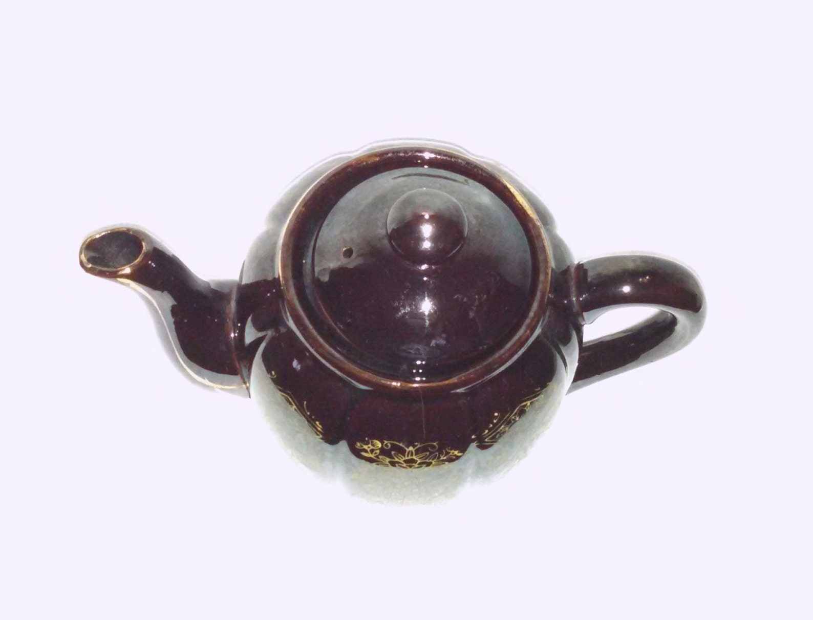 Vintage Japanese Globe Teapot, Brown Mirror Glazed Redware With Gold ...