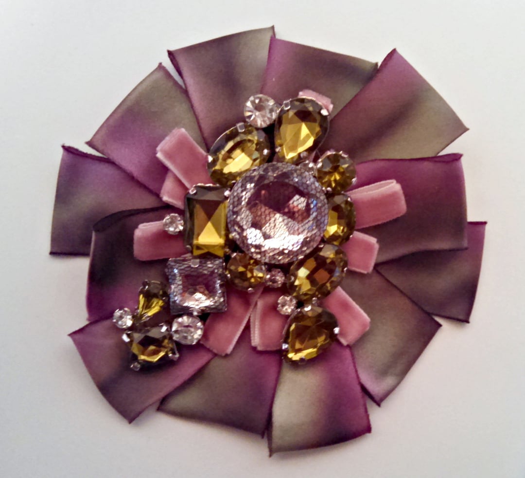 Vintage Statement Brooch, Handmade Ribbon & Rhinestone, Faux Peridot ...