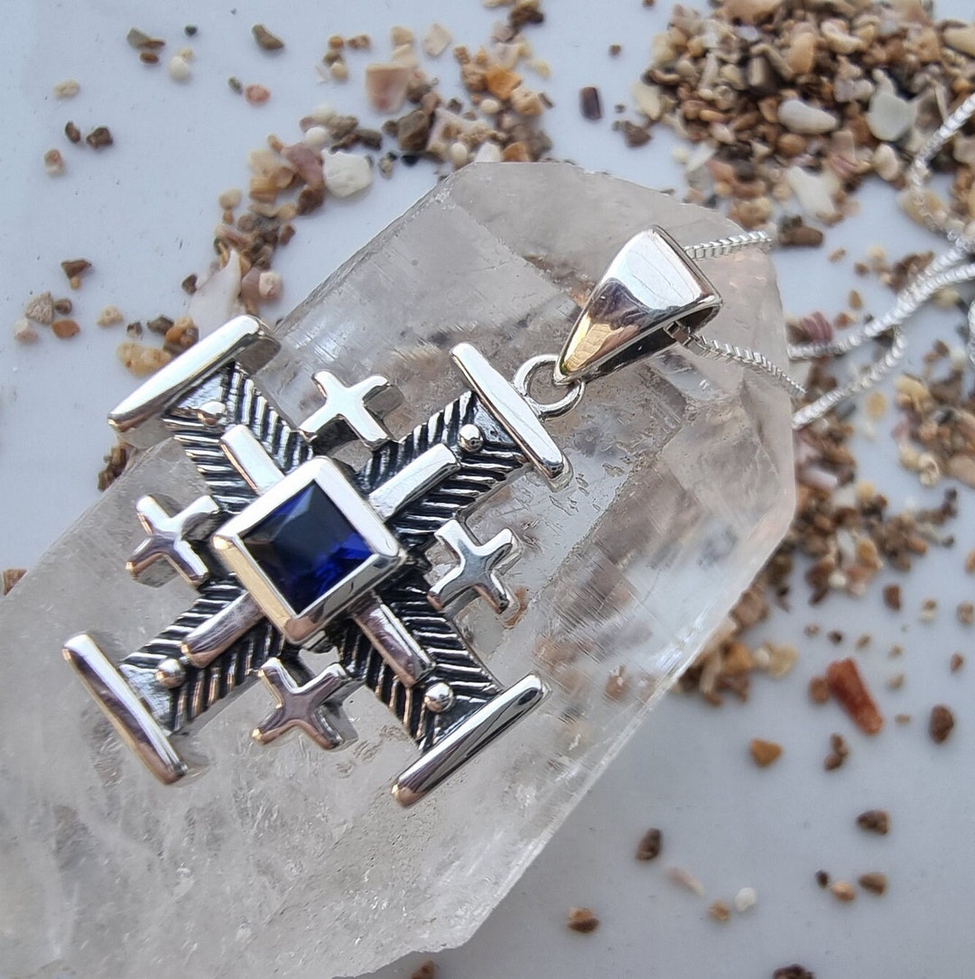 Sterling Silver Sapphire Jerusalem Five Fold Cross, Holy Land Crosses ...