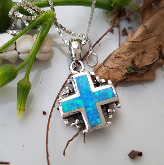 Opal Jerusalem Cross 925 Sterling Silver Pendant Necklace Five Fold Cross Crusaders Cross Christian Jewelry Etsy