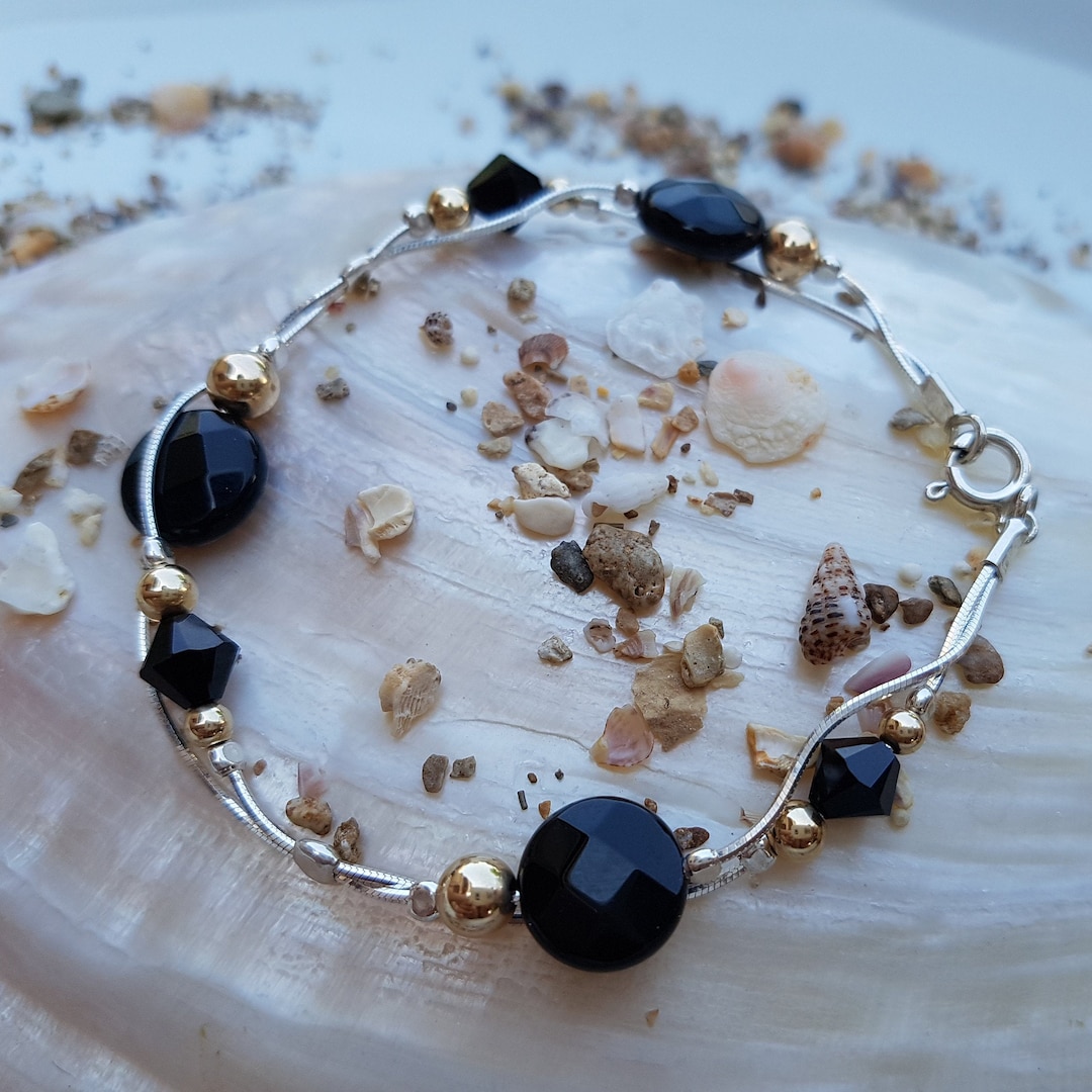 Dainty Onyx Bracelet, December Birthday, Swarovski Crystals, Gold Filed ...