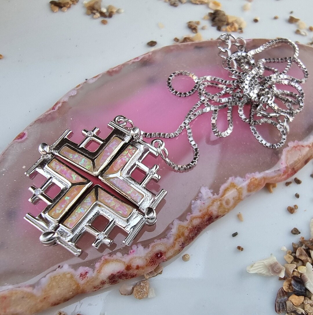Openable Silver Jerusalem Cross Necklace With Opal, 5 Fold Cross, Pink ...